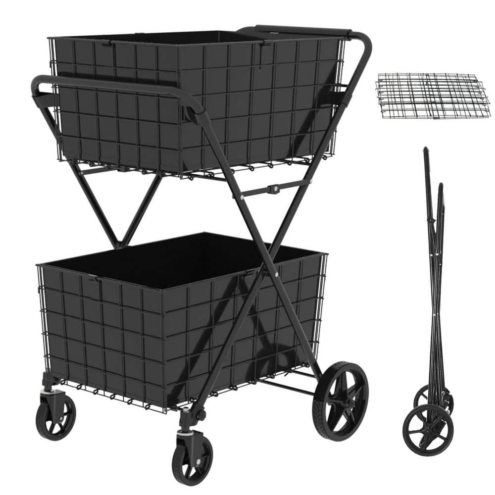 Lycvki 2 Layers Foldable Utility Grocery Cart, Serving Cart with Double ...