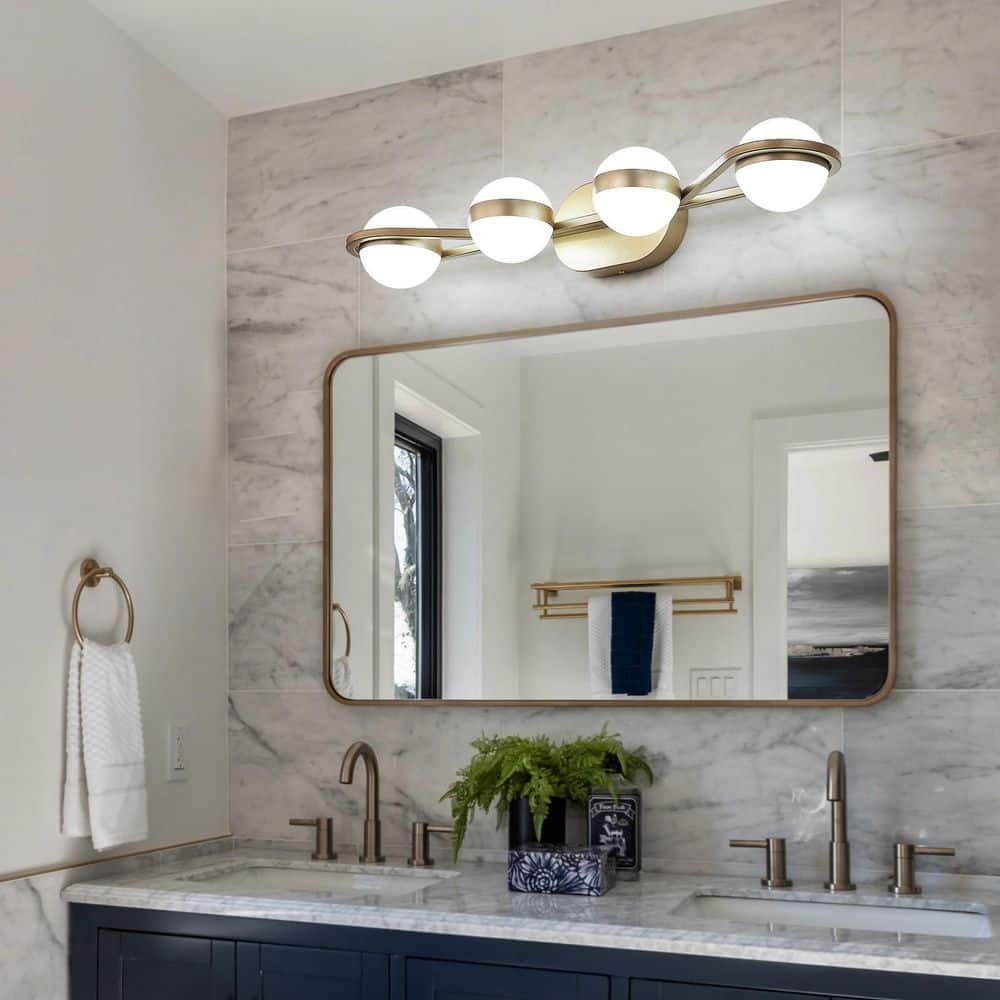 LINJO 28 in. 4-Light Gold Minimalist LED Vanity Light Over Mirror Bath ...