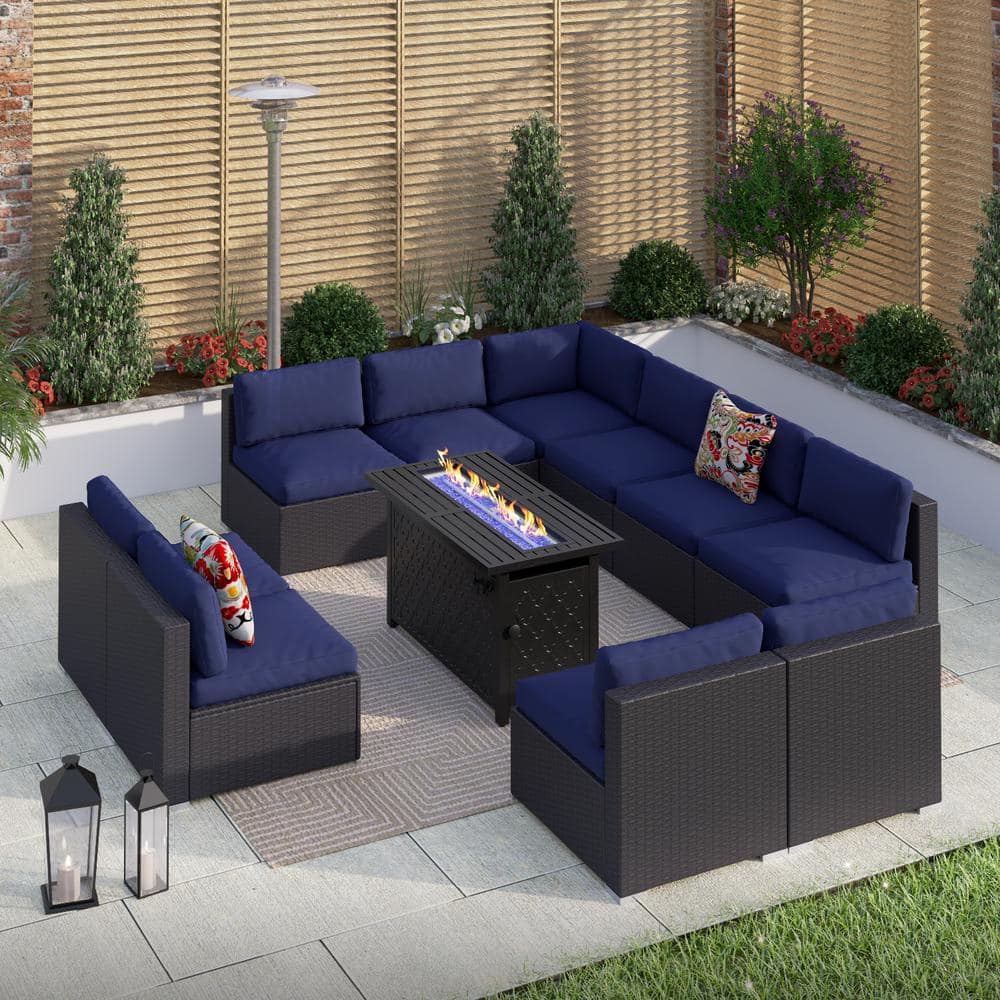 PHI VILLA Dark Brown Rattan Wicker 10 Seat 11-Piece Steel Outdoor Fire ...