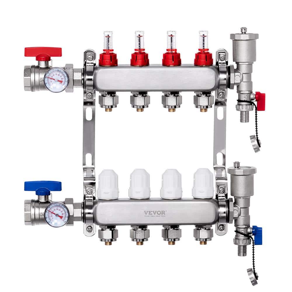 VEVOR 4-Branch Radiant Heat Manifold, ½ in. PEX Tubing Manifold ...