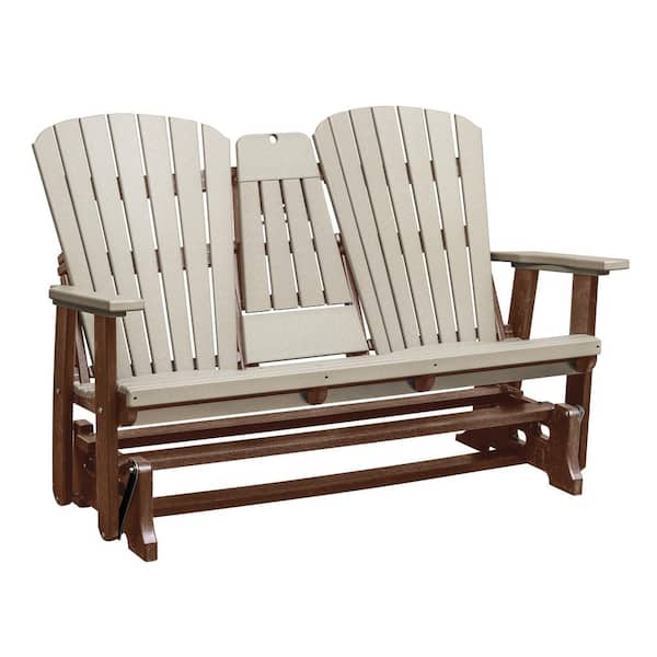 American Furniture Classics Two Seat Fan Back Glider with Drop Down Table Cup Holder Weatherwood Tudor Brown Base