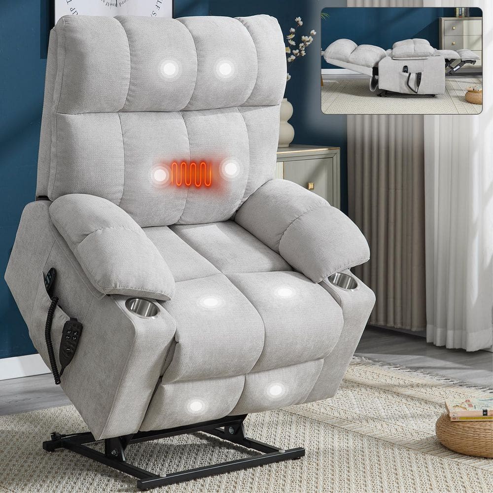 J&E Home Beige Chenille Polyester Massage Chair Recliner with Electric ...