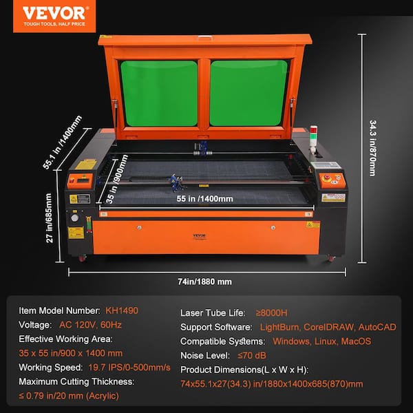 VEVOR 130 Watt CO2 Laser Engraver 35 x 55 in. 19.7 Laser Cutter Machine with 2 Way Pass Air Assist for Wood Acrylic Fabric YTSDKJCO213096IBJV1 The Home Depot