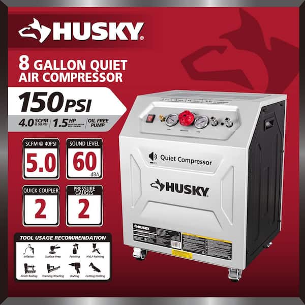 Husky 8 Gal. 150 PSI Electric Oil-Free Quiet Workshop Air Compressor in ...