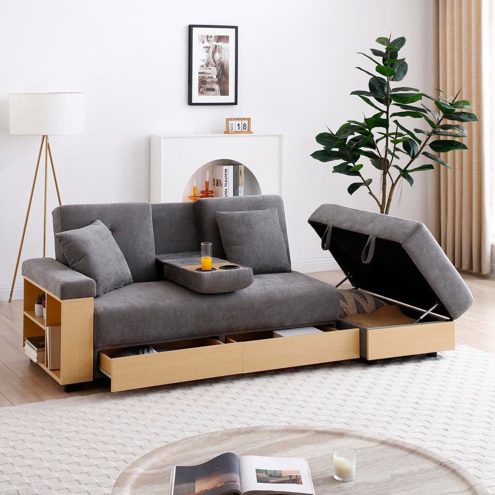 Noble House Merlin 84.65 in Grey Linen Upholstery Twin Size Sofa Bed ...