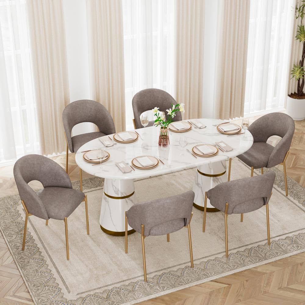 Boyel Living 7-Piece White Marble Counter Top Dining Table Set Seats 6 ...