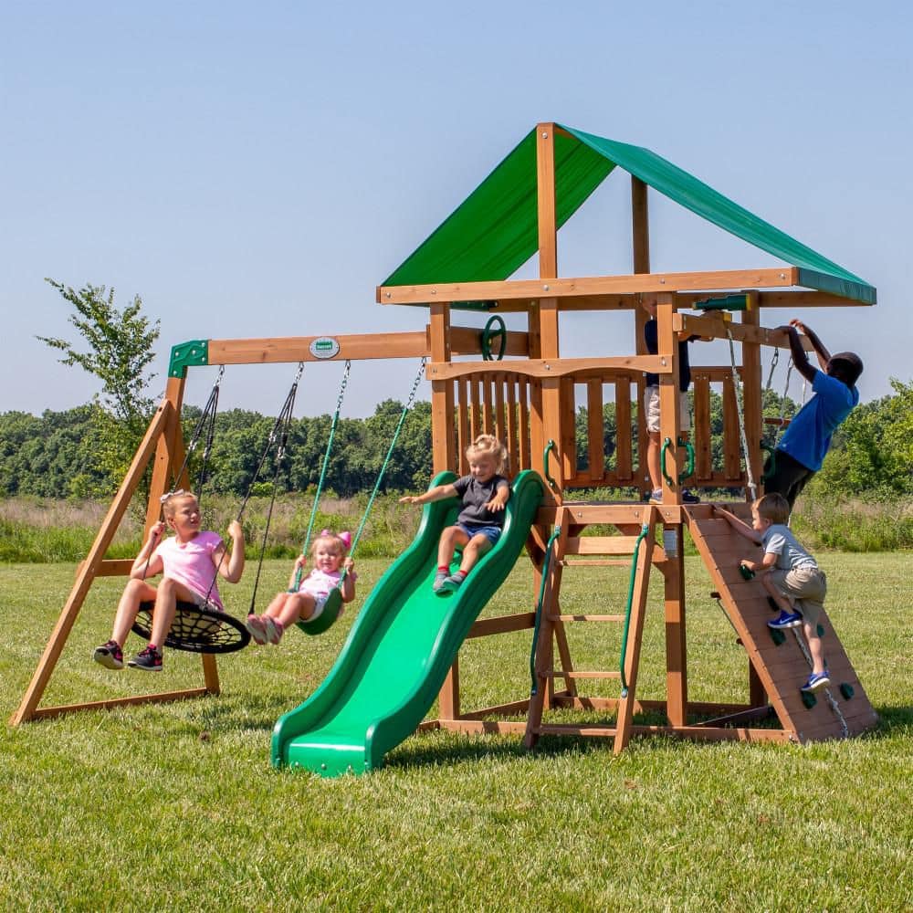 Backyard Discovery Cloud Peak Kid's Outdoor Playground Set w/ Rockwall ...