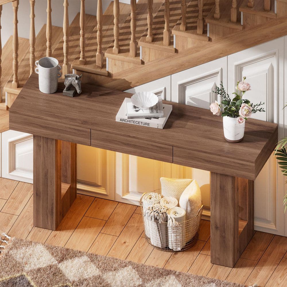 PAKASEPT 66in. Brown Rectangle Wood Console Table, LED Lighted Entryway ...