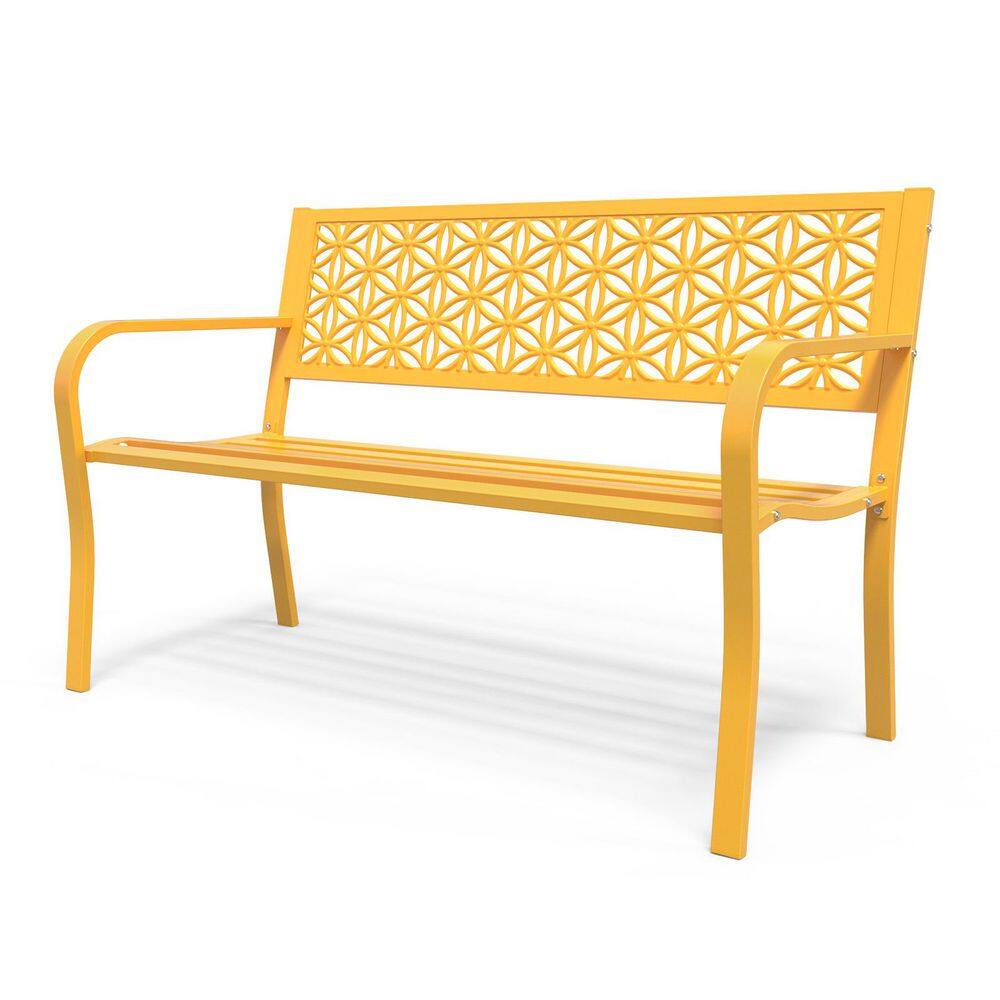 VINGLI 50" 2-3 Person Yellow Metal Outdoor Bench with Floral Back ...