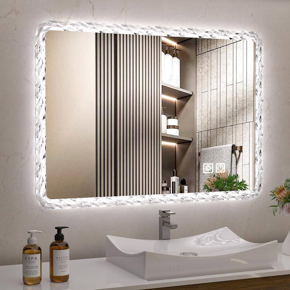 FAMYYT 39 in. W x 25 in. H Rectangular Crystal Framed LED Light ...