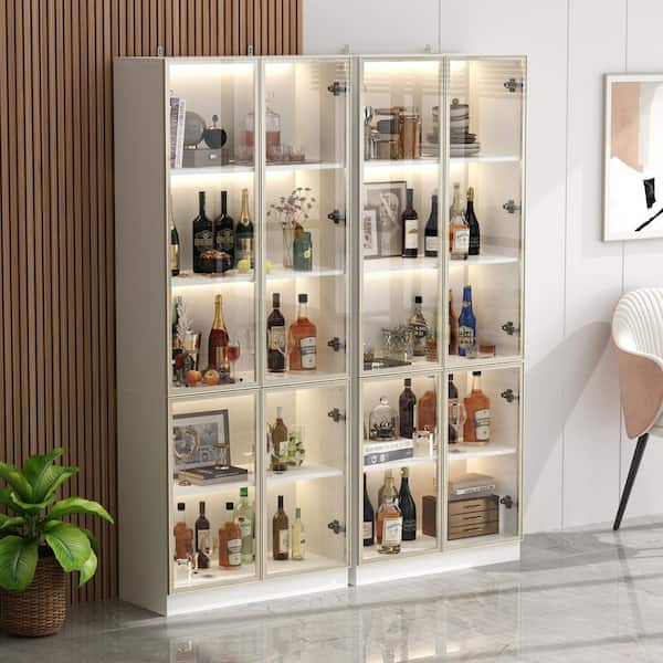 FUFU GAGA White Wood 31.5 in. W Display Cabinet With Pop up Tempered Glass Doors and 3 Color LED Lights KF020373 02 The Home Depot