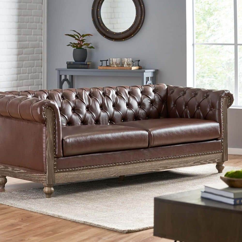 Qualler 78.8 in. Rolled Arm Faux Leather Rectangle Sofa with Wooden ...