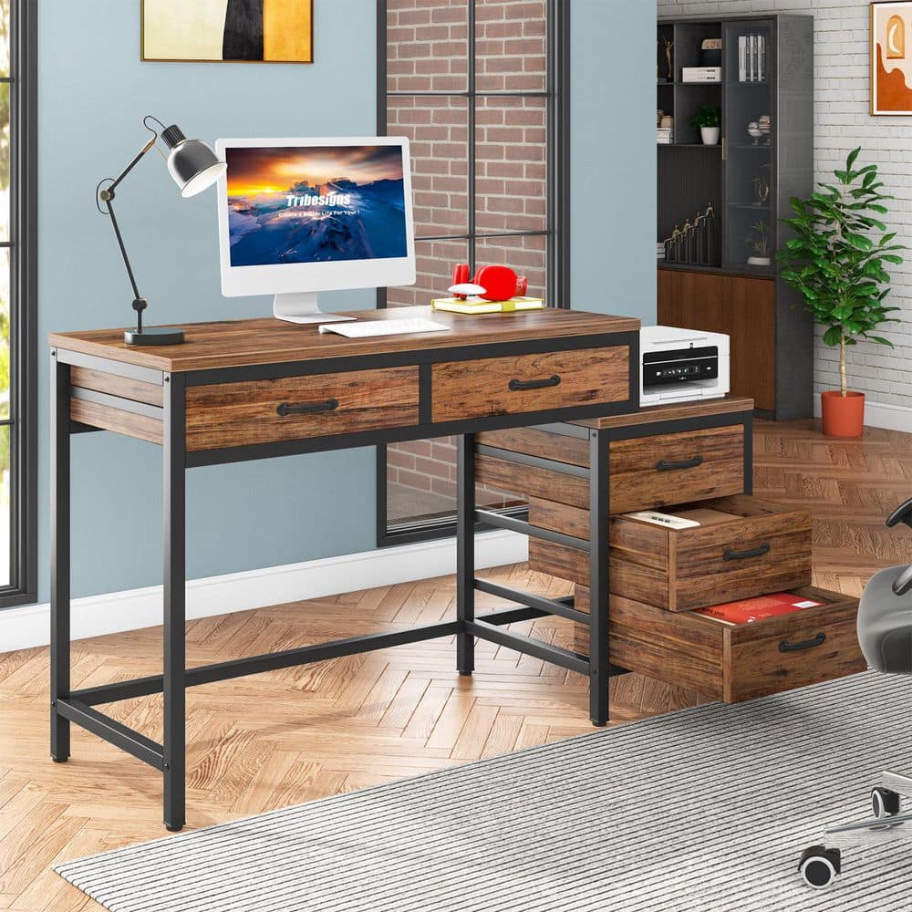 Tribesigns 51 in. Rustic Brown Rectangle 5-Drawer Computer Desk ...