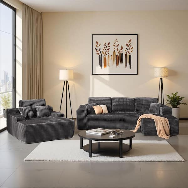 Allwex Lettu 104 in. Wide Arm 3-Piece Plush Corduroy L-Shaped Modular ...