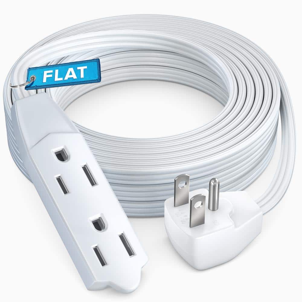 MAXIMM 20 ft. 16/3 Light Duty Indoor Extension Cord Flat Plug Flat Wire 3-Outlet, 13Amps, White ...