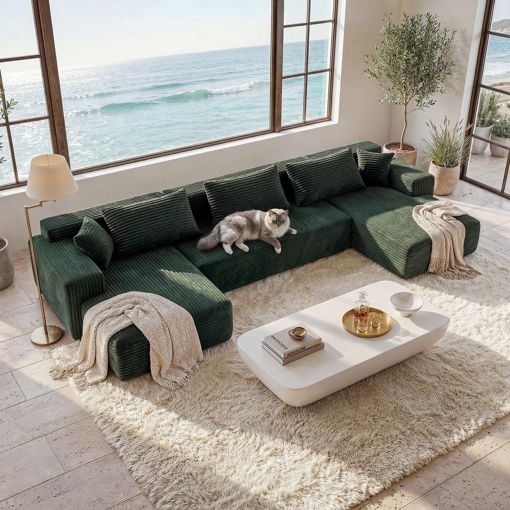 Reviews for FUFU&GAGA 134 in. Square Arm Corduroy Upholstery U-Shaped ...