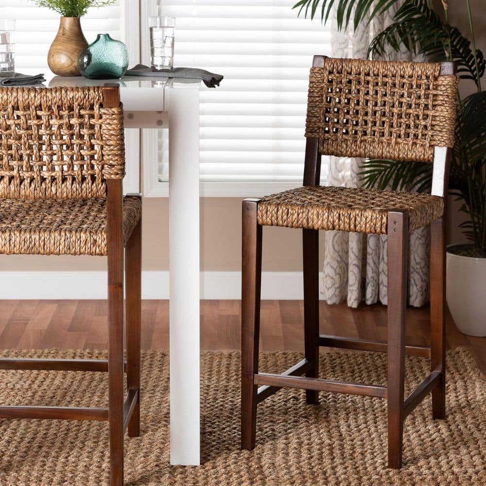 bali & pari Alise Natural Brown Seagrass and Mahogany Wood Bar Stool ...