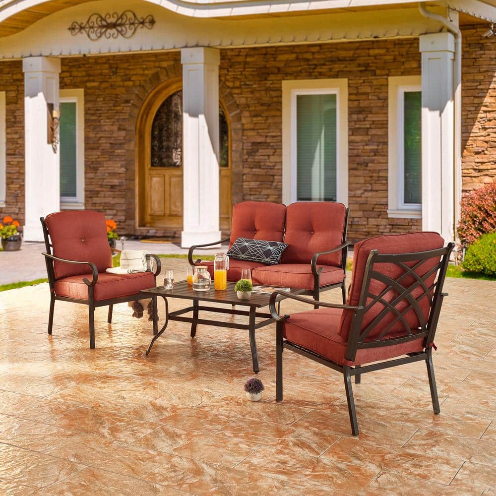 Patio Festival 4-Piece Metal Patio Conversation Set with Red Cushions ...