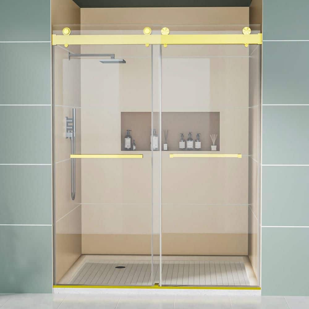 Vomlor 56-60 in. x 76 in. Double Frameless Sliding Shower Door Shower Door in Brushed Gold with ...