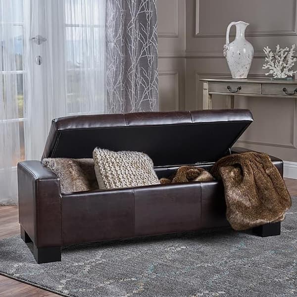 Brown PU Faux Leather Rectangle Storage Large Ottoman NVY-OCT-00242 ...