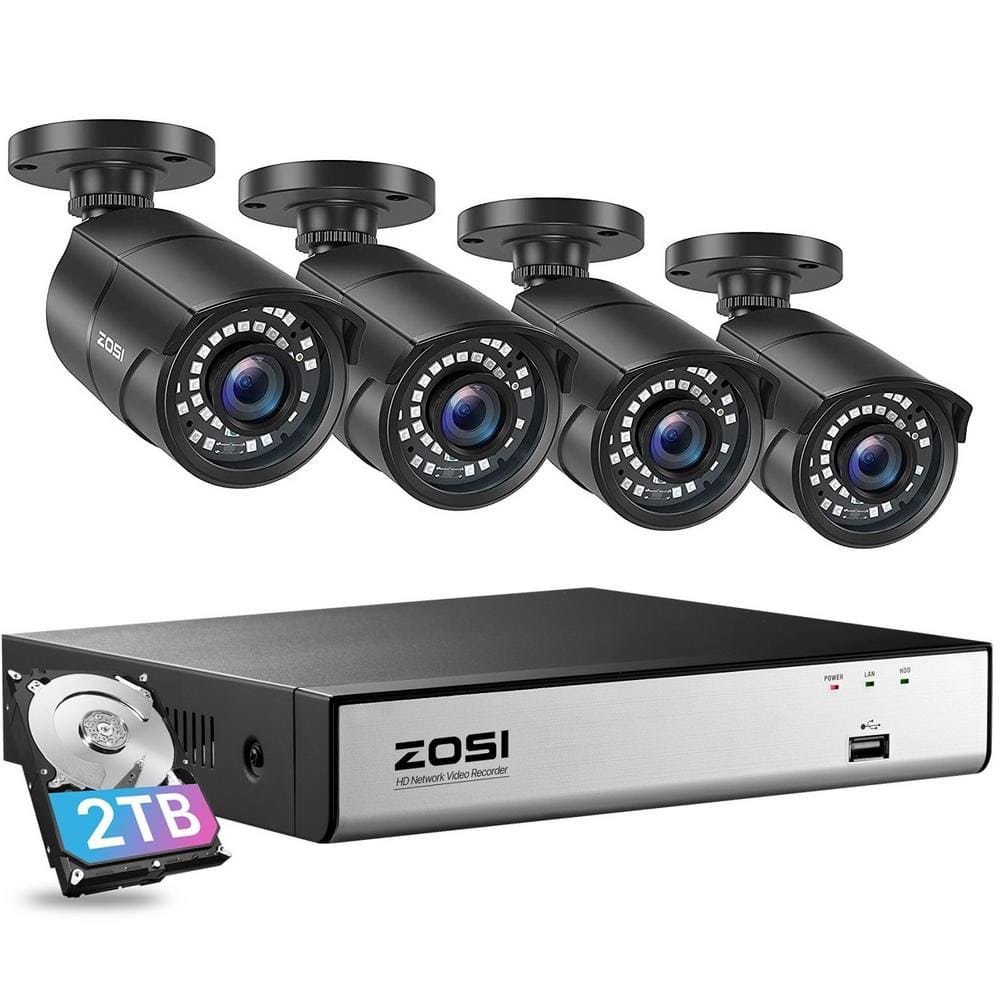ZOSI 4K 8-Channel POE 2TB NVR Security Camera System with 4-Wired 5MP Outdoor Bullet Cameras, 2 ...