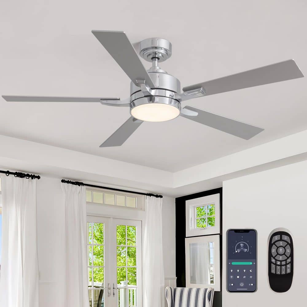 FANNEHONNE 52 in. Indoor Modern Chrome Ceiling Fan with LED Light and ...