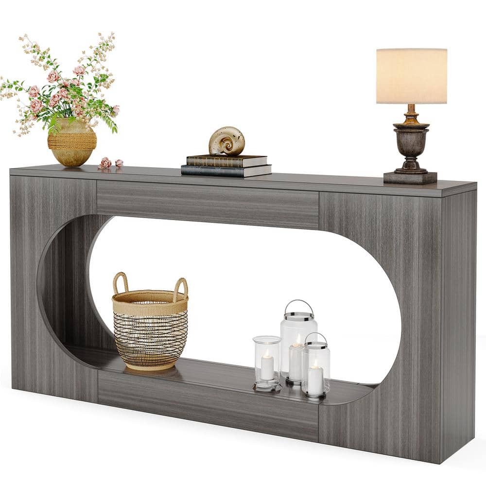 BYBLIGHT 63 in. Gray Rectangle Engineered Wood Console Table with 2 ...