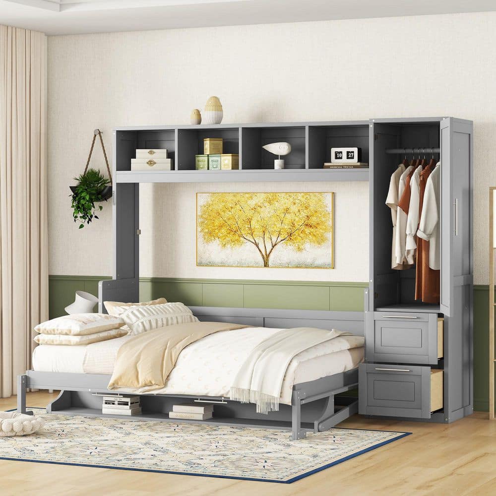 Harper & Bright Designs Gray Multifunctional Wood Frame Queen Size ...