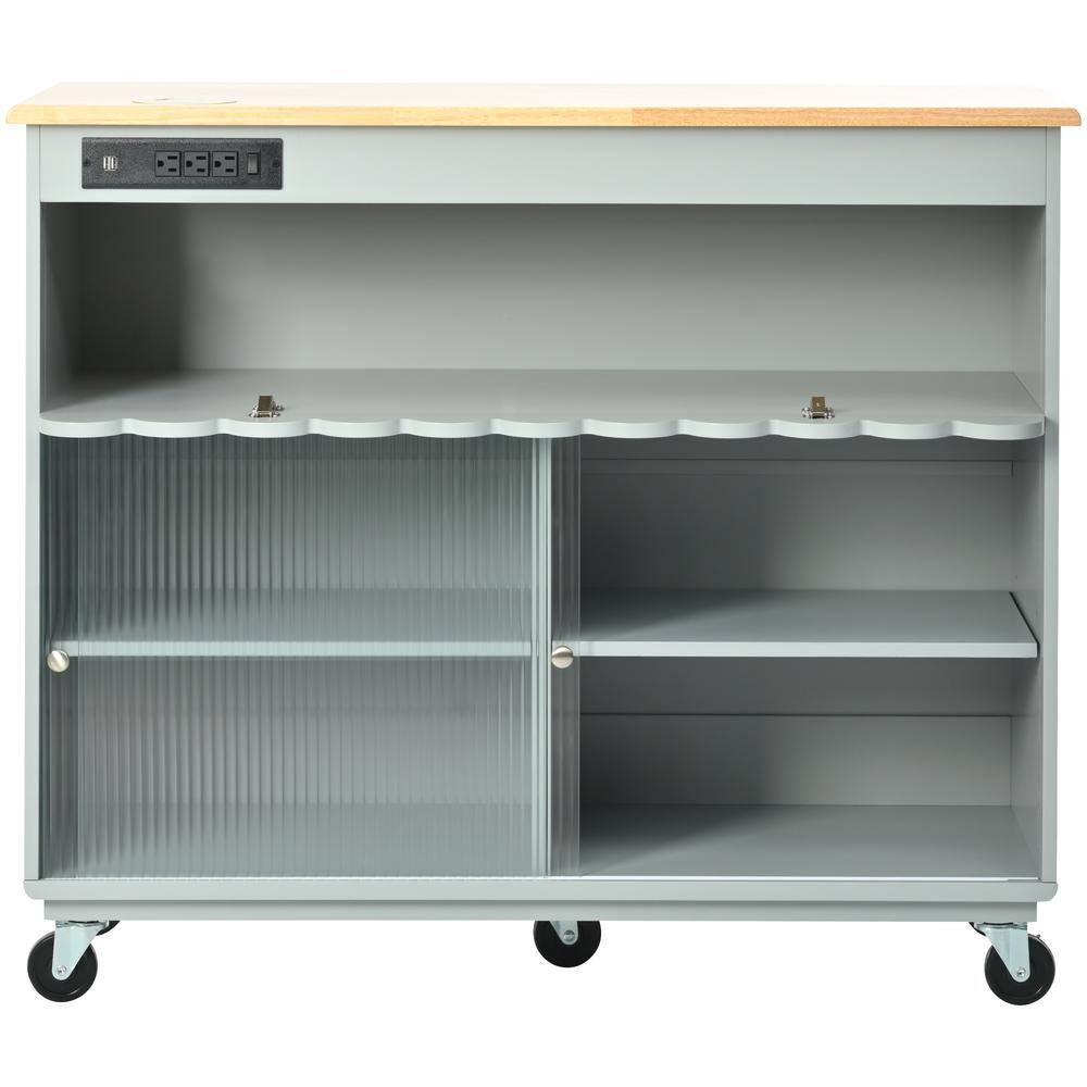Grey Blue Rubber Wood Kitchen Cart with Drop Leaf, 2 Cabinet, LED Light ...