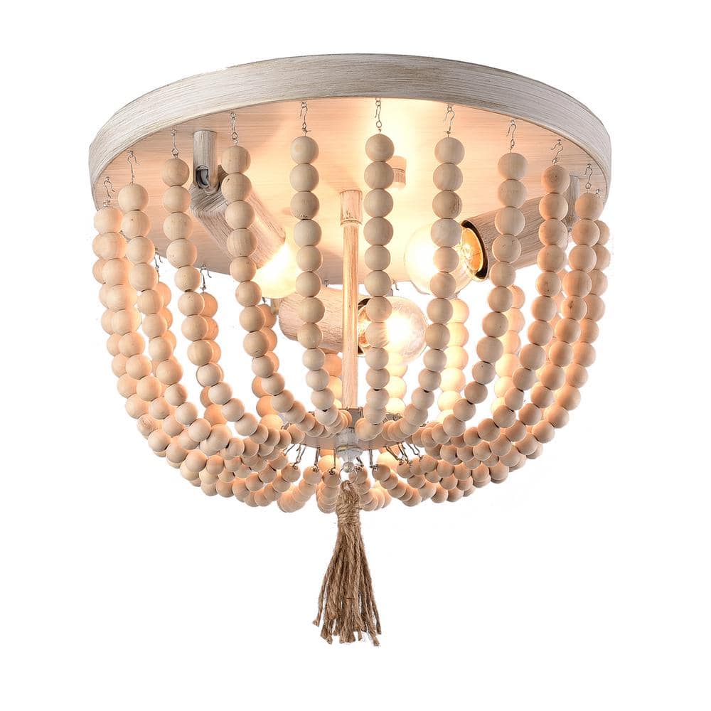 12.6 in 3-Light Beige Wood Bead Light Flush Mount (1-Pack) 06FDL0008AWT ...