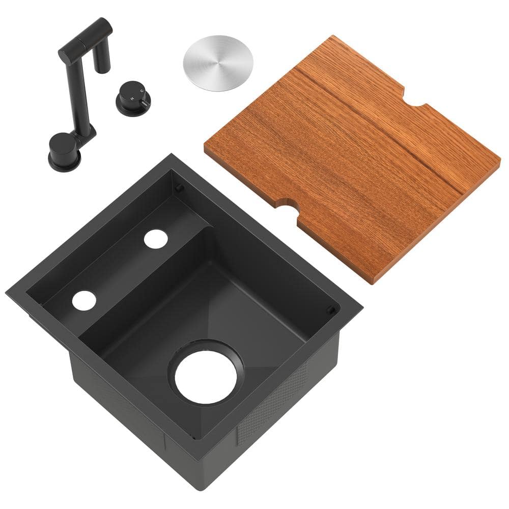 Lycvki Single Bowl 16-Gauge Matte Black Stainless Steel 15 in ...