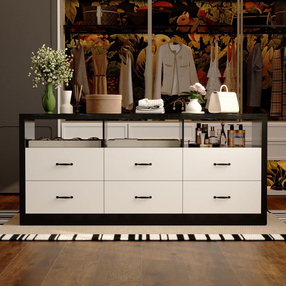 FUFU&GAGA Black and White 6 Drawers 78.7 in. W Dresser Storage Cabinet Closet Island Chest of ...