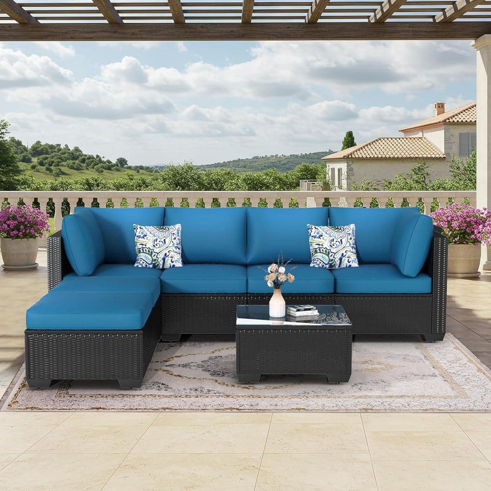 Black 7-Piece Wicker Outdoor Sectional Set, Patio Conversation Set with ...