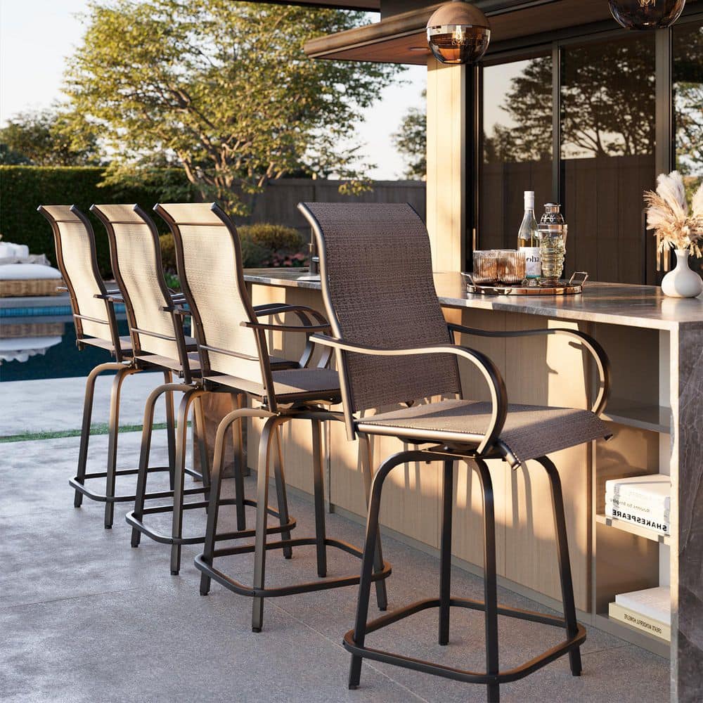 Poteban Brown Swivel Metal Outdoor High Bar Stools (4-Pack) VQ0192BE-4 ...