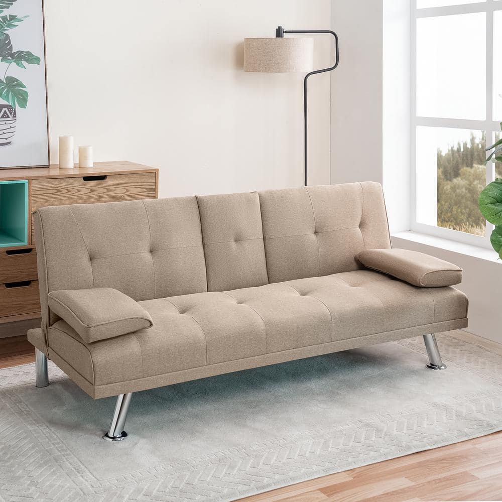 HOMESTOCK Beige, Futon Sofa Bed Linen Futon Couch with Armrest and 2 ...