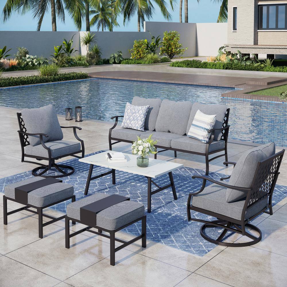 PHI VILLA Black Meshed 7-Seat 6-Piece Metal Outdoor Patio Conversation ...