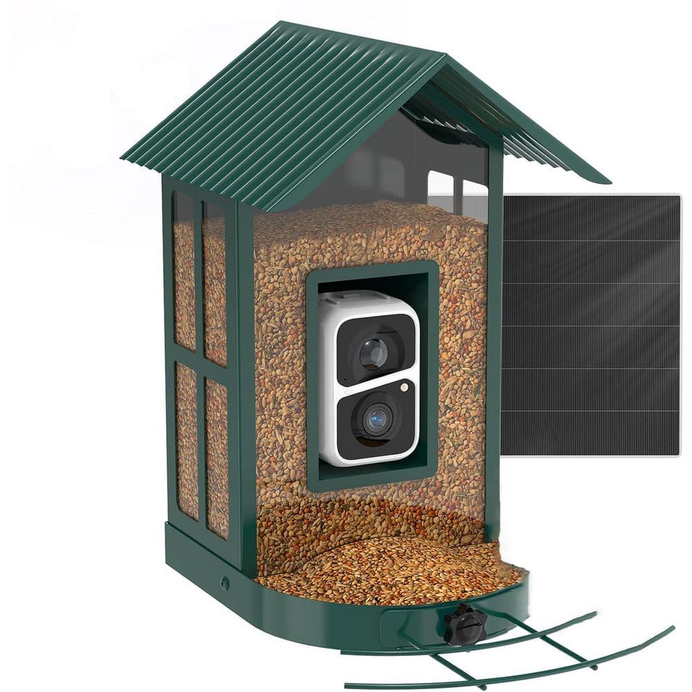 Afoxsos Green Metal 105 oz. Solar Bird Feeder Camera with AI Identify ...