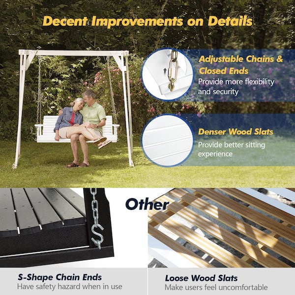 4 ft. 2 Person White Wood Porch Swing with Adjustable Chains and Treated PU Painted Surface Support Up to 880 lbs