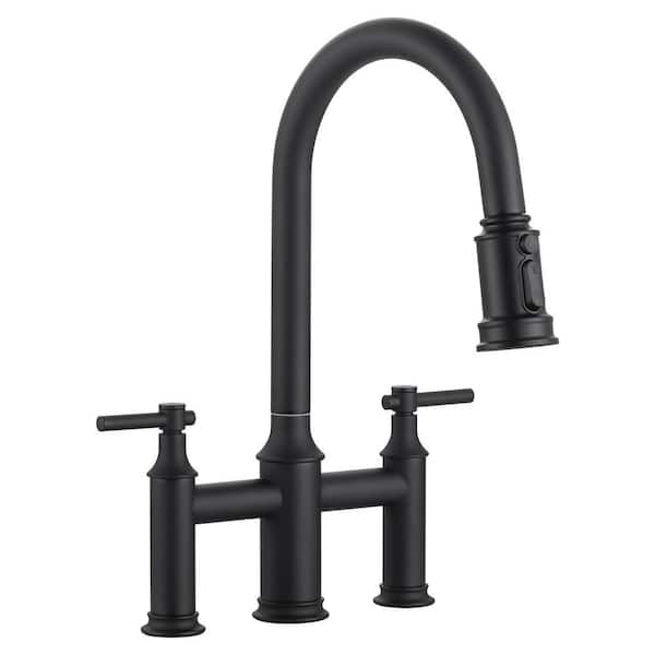ALEASHA Pull Down Sprayer Double Handle Bridge Kitchen Faucet in Matte ...