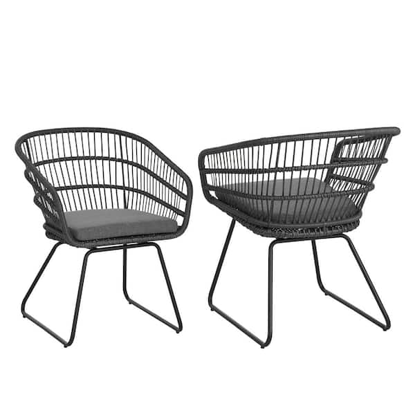 Gray Wicker Outdoor Dining Chair, Club Chair with Gray Cushion (2-Pack ...