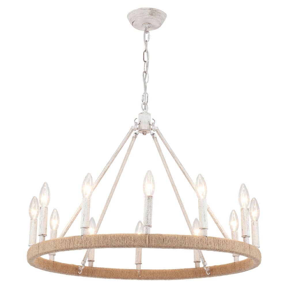 ZJVAIVE 12-Light Vintage Beige Classic Wagon Wheel Twine Woven Chandelier for Living Room ...