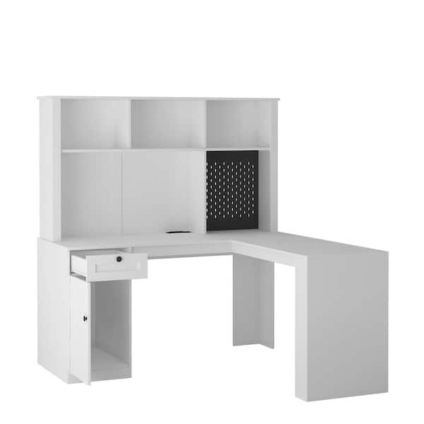 59.4 in. L Shaped White MDF 1 Drawer Corner Computer Desk with Power Outlet and Bookshelf Study Table Writing Desk