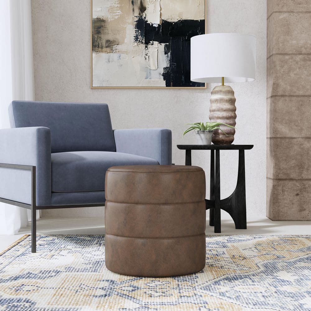 Homepop Brown Faux Leather Round Decorative Ottoman with Channeling ...