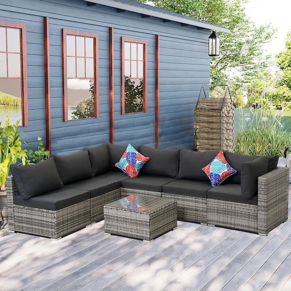 7-Piece Gray Wicker Rattan Patio Outdoor Furniture Sectional Set Sofa ...