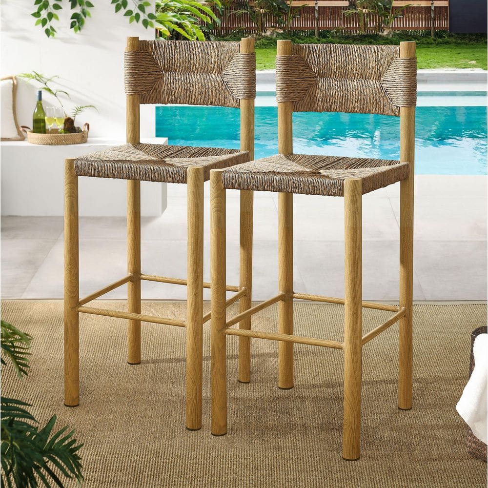 MODWAY Parkland Stackable Aluminum and Rattan Outdoor Bar Stool of 2 in ...