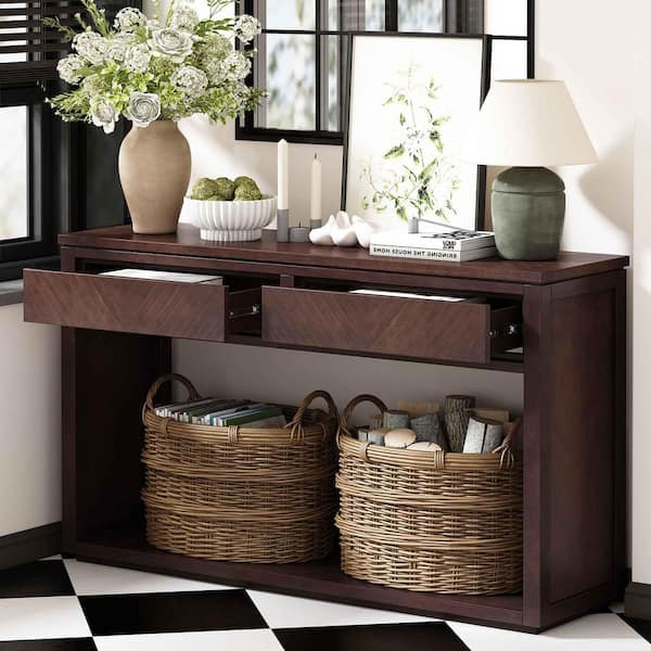 Polibi 55 in. Espresso Rectangle Wood Console Table Entryway Table ...