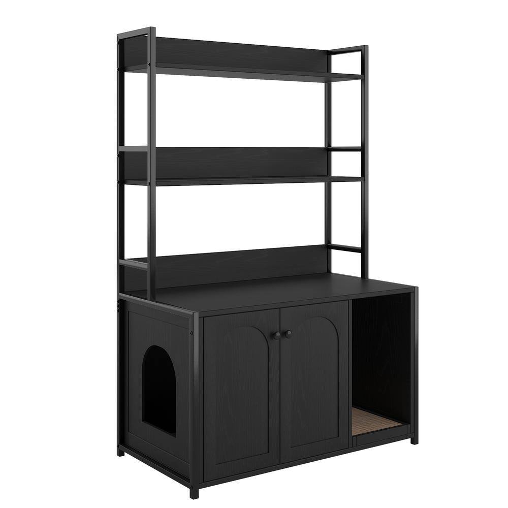 52 in. H Black Cat Litter Box Enclosure with Shelf Storage Hidden Cat ...