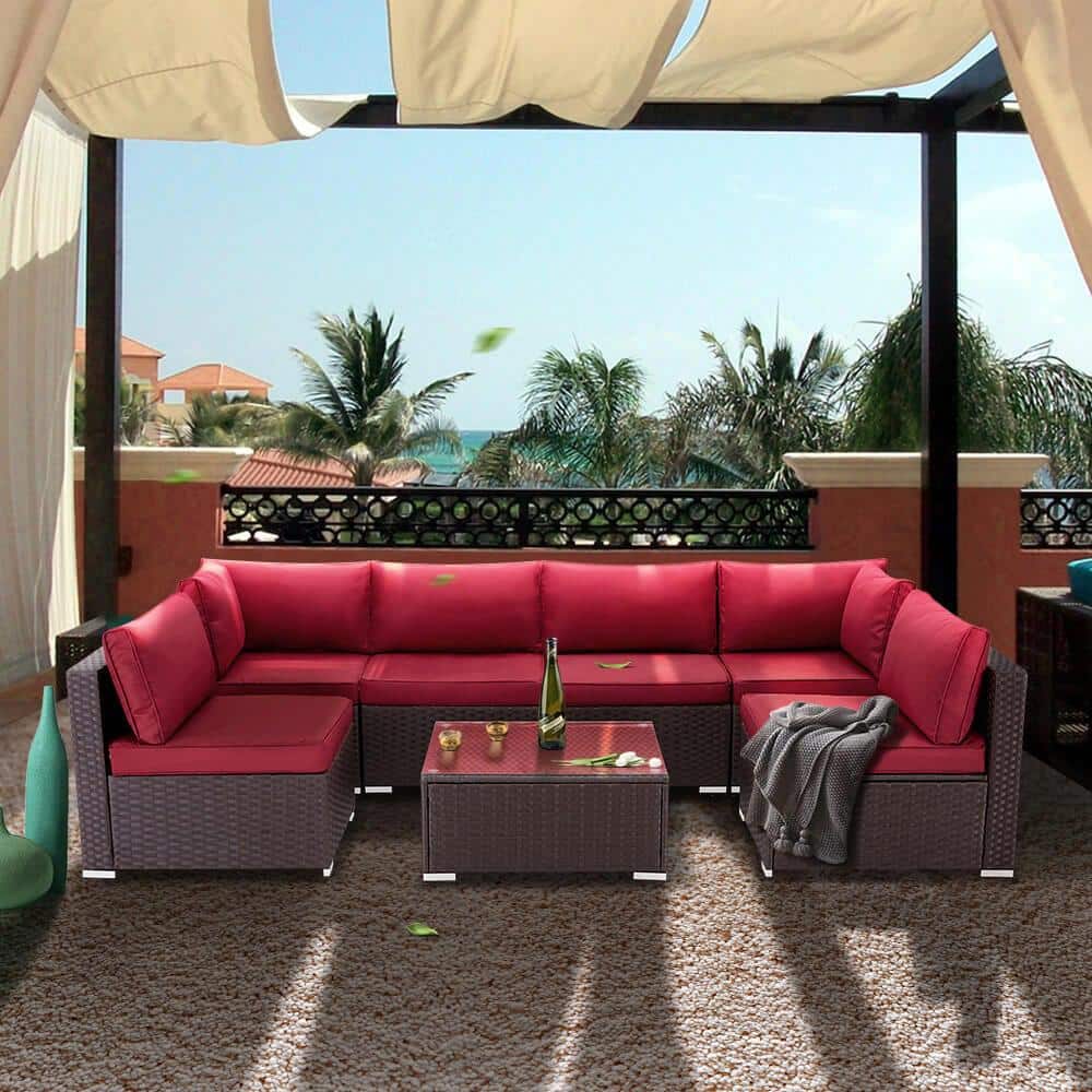 Zeus & Ruta 7 Pieces Burgundy Wicker Outdoor Sectional Sofa Hand-Woven ...