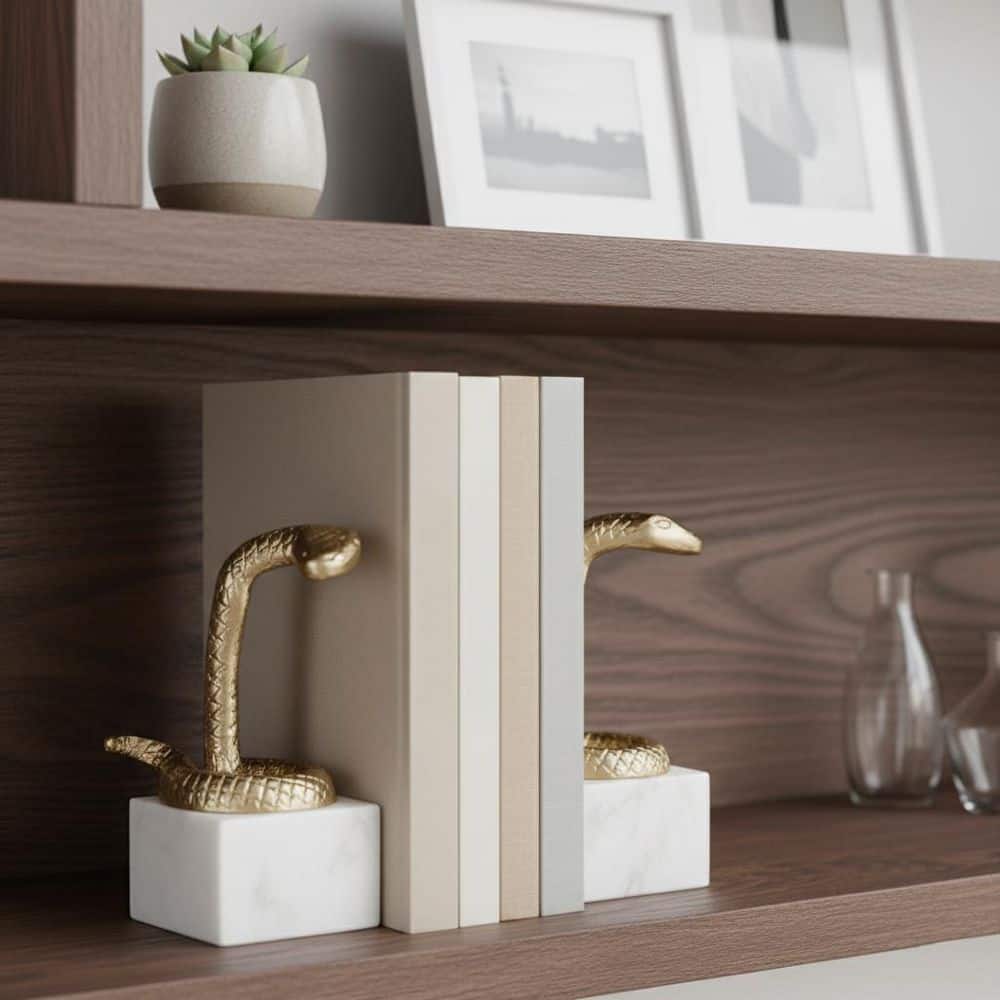 Liv & Skye 8 in. Gold Metal and Marble Novelty Snake Bookends (Set of 2 ...