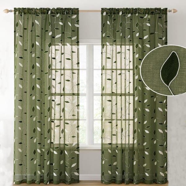 52x84 Inches Semi Sheer Embroidered Leaf Curtains 2 Panels,Olive Green ...